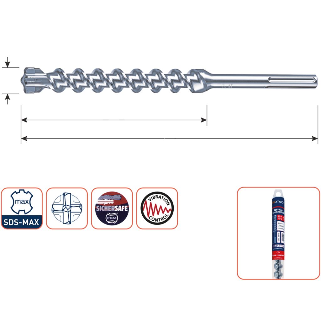 Hamerboor, SDS-max, QUATTRO-X, 4-snijder ø12 t/m ø20 - M&H Diatools